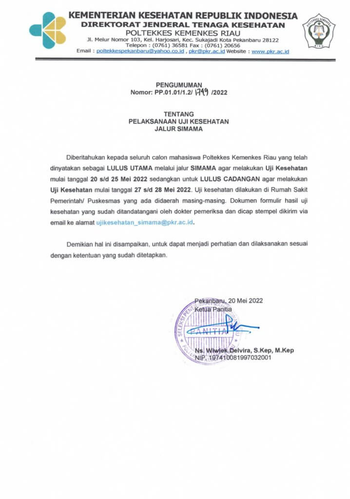 Pengemuman Pelaksanaan Ujian Kesehatan Jalur SIMAMA – Poltekkes ... Pengemuman Pelaksanaan Ujian Kesehatan Jalur SIMAMA – Poltekkes ...
