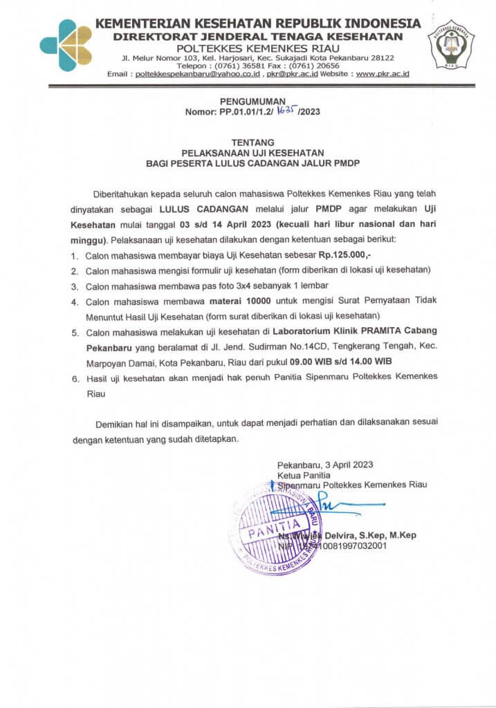 PENGUMUMAN PELAKSANAAN UJI KESEHATAN BAGI PESERTA LULUS CADANGAN JALUR ... PENGUMUMAN PELAKSANAAN UJI KESEHATAN BAGI PESERTA LULUS CADANGAN JALUR ...