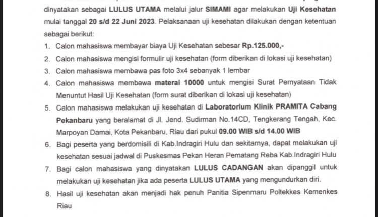 Pengumuman uji kesehatan jalur simami – Poltekkes Kemenkes Riau Pengumuman uji kesehatan jalur simami – Poltekkes Kemenkes Riau